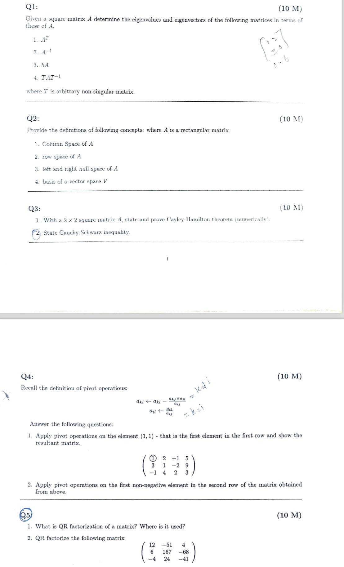 Q1:(10 ﻿M)Given a square matrix A determine the | Chegg.com
