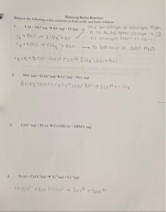 Solved Balancing Redox Reactions Balance the following redox | Chegg.com