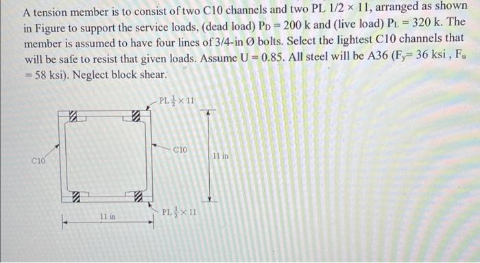 Solved A tension member is to consist of two C10 channels | Chegg.com