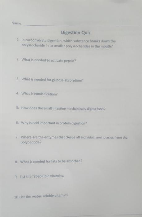 Solved Digestion Quiz 1. In carbohydrate digestion, which | Chegg.com