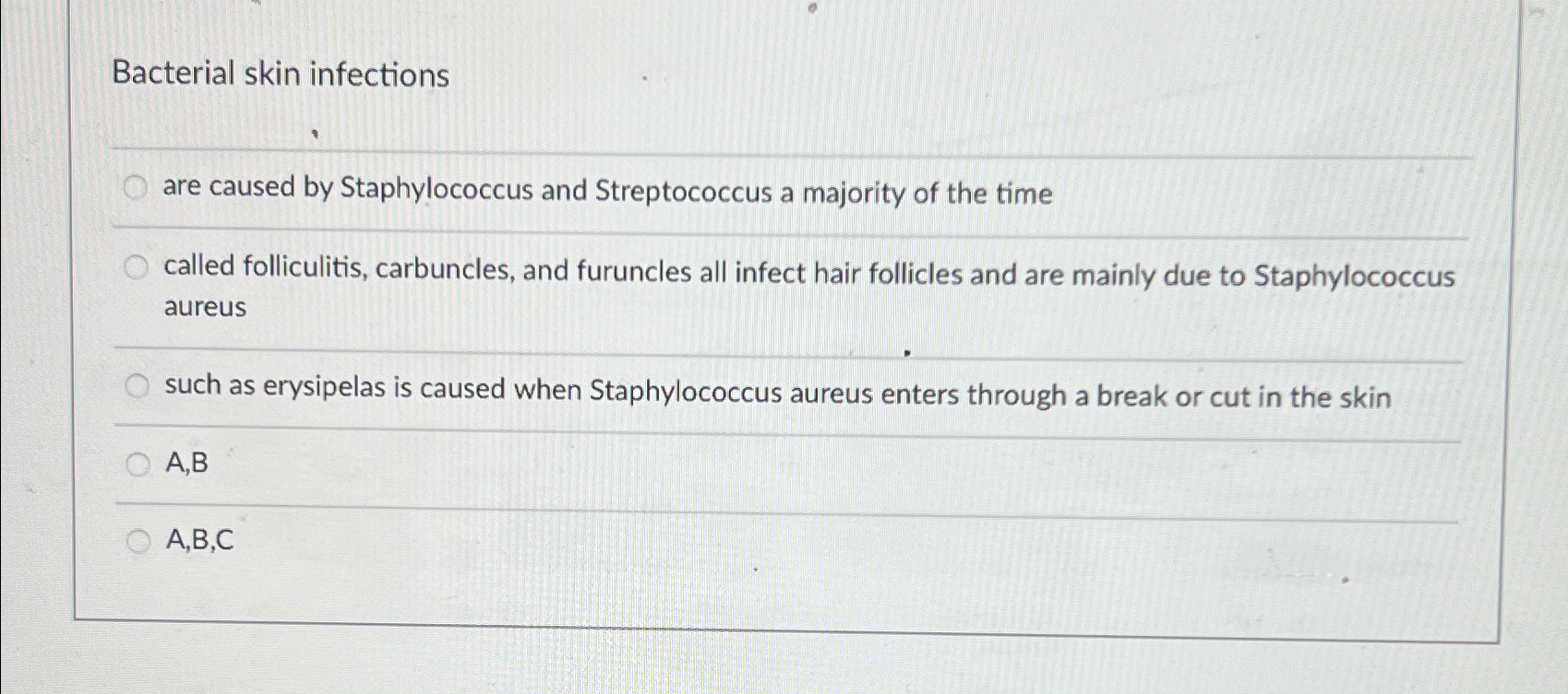 Solved Bacterial skin infectionsare caused by Staphylococcus | Chegg.com