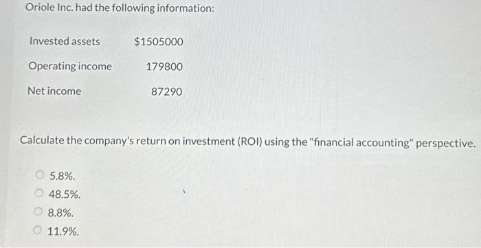 Solved Oriole Inc. had the following information: Calculate | Chegg.com
