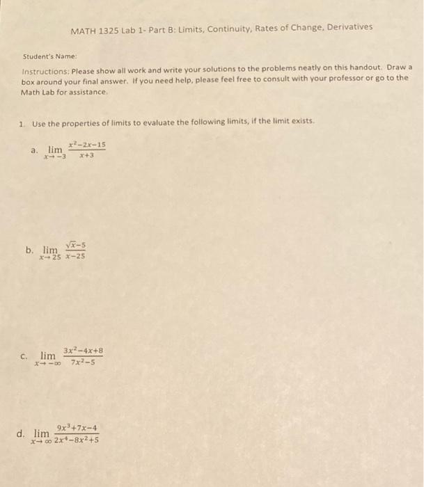 Solved MATH 1325 Lab 1- Part B: Limits, Continuity, Rates of | Chegg.com