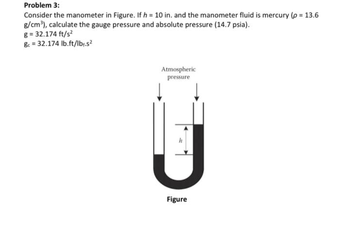 Solved Problem 3: Consider the manometer in Figure. If h=10 | Chegg.com