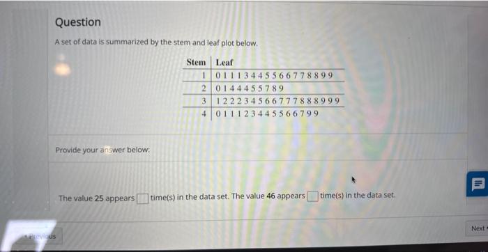 Solved A set of data is summarized by the stem and leaf plot | Chegg.com