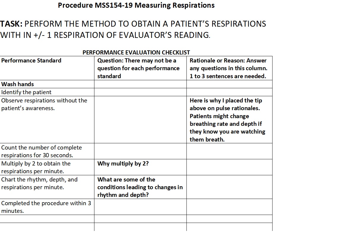 Solved Procedure MSS154-19 ﻿Measuring Respirations TASK: | Chegg.com