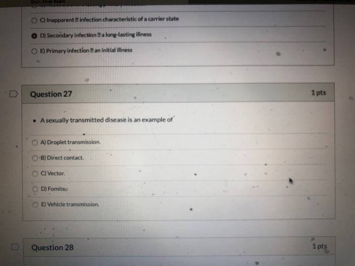 Solved O C) Inapparent infection characteristic of a carrier | Chegg.com