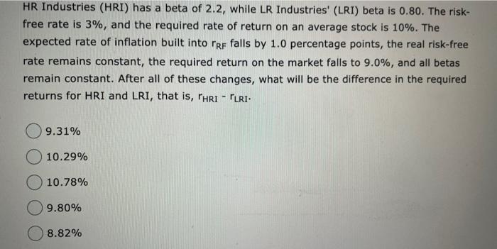Solved HR Industries (HRI) has a beta of 2.2 , while LR | Chegg.com