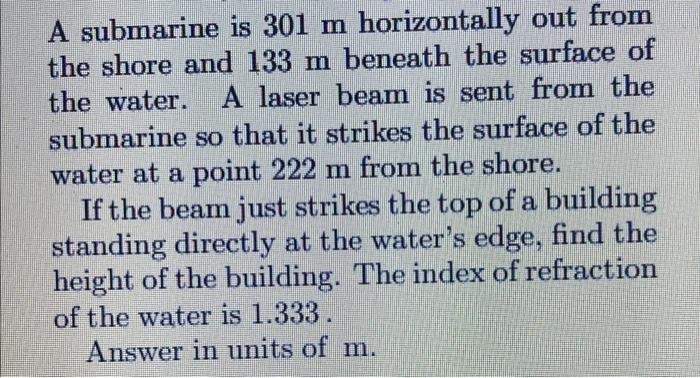 Solved A submarine is 301 m horizontally out from the shore | Chegg.com