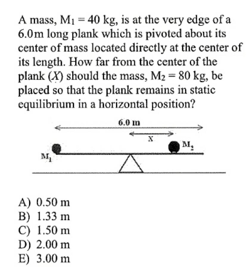 Solved A mass, M1 = 40 kg, is at the very edge of a 6.0m | Chegg.com