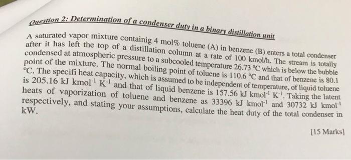 Solved Question 2: Determination of a condenser duty in a | Chegg.com