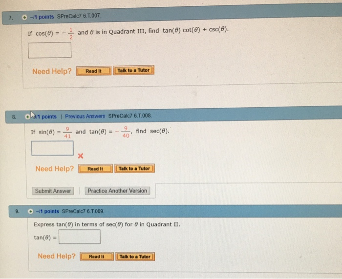 Solved 7. -/1 points SPreCalc7 6.1.007 If cos(O) = -- and is | Chegg.com