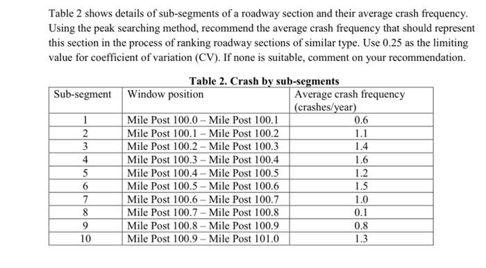 Table 2 shows details of sub-segments of a roadway | Chegg.com
