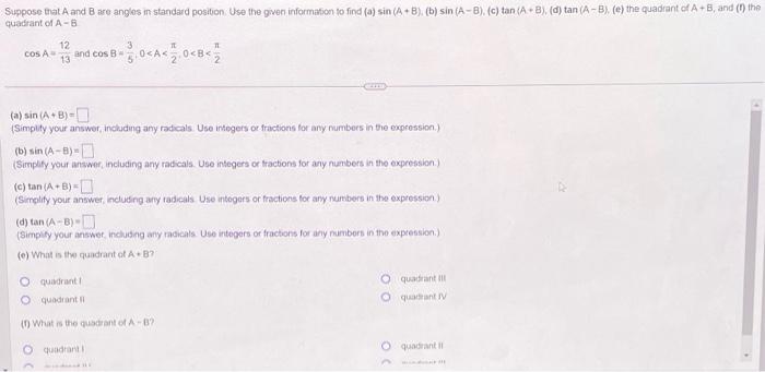 Solved Suppose that A and B are angles in standard position. | Chegg.com