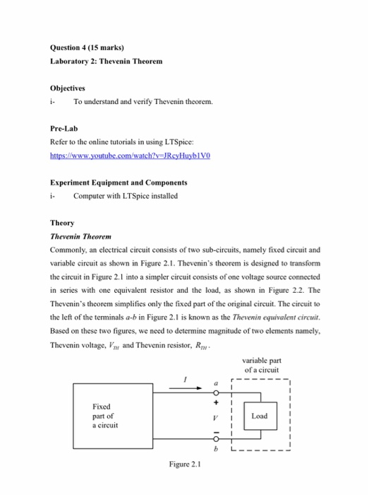 Solved Question 4 (15 marks) Laboratory 2: Thevenin Theorem | Chegg.com