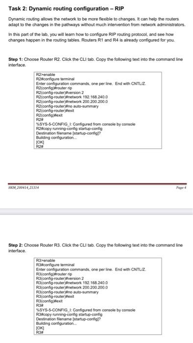 Task 2: Dynamic routing configuration - RIP Dynamic | Chegg.com