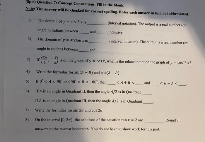 Solved (8pts) Question 7: Concept Connections. Fill in the | Chegg.com