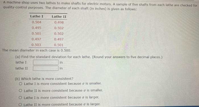 Solved A machine shop uses two lathes to make shafts for | Chegg.com