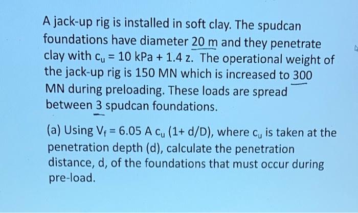 Solved A jack-up rig is installed in soft clay. The spudcan | Chegg.com