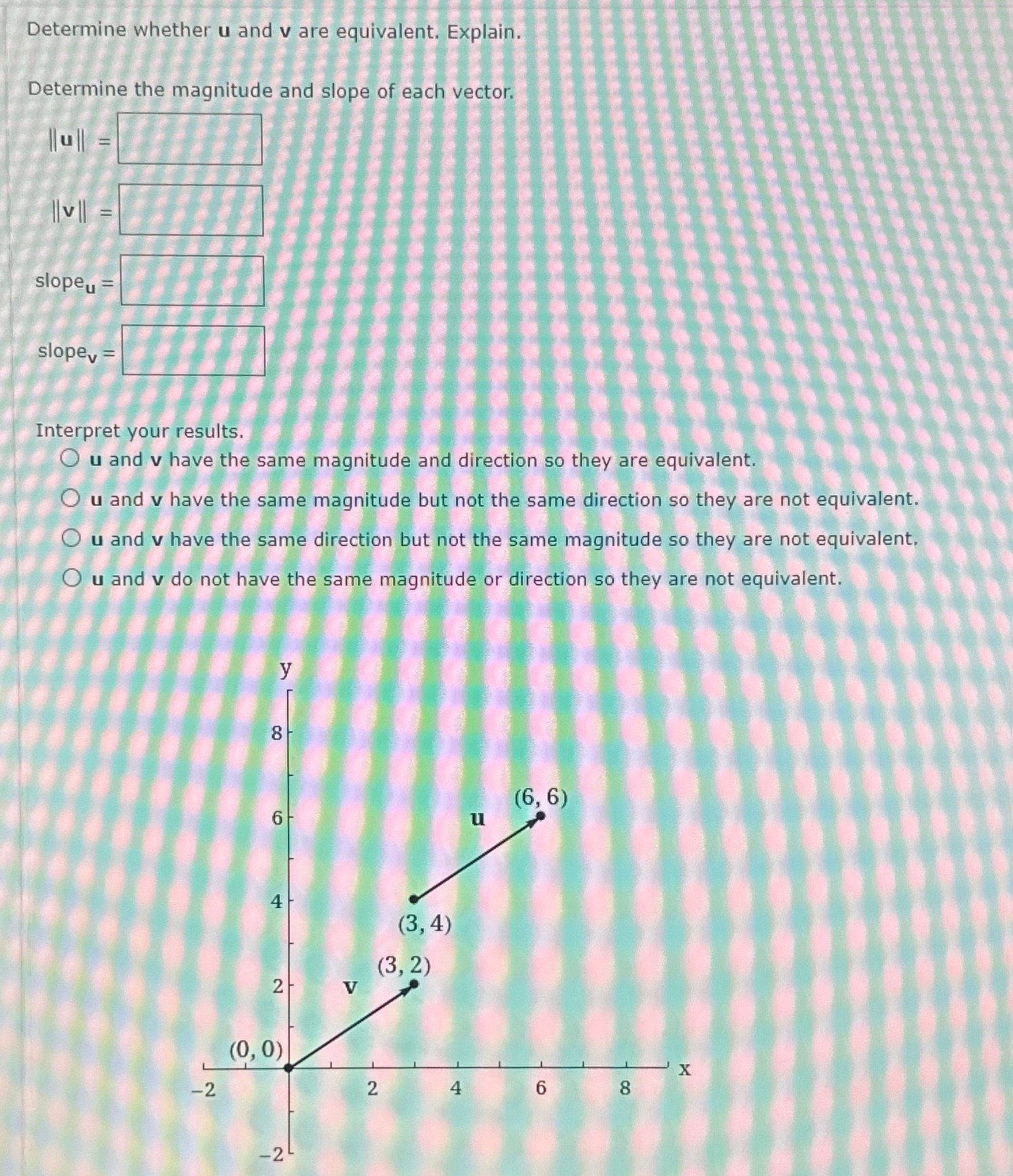 Solved Determine whether u ﻿and v ﻿are equivalent. | Chegg.com