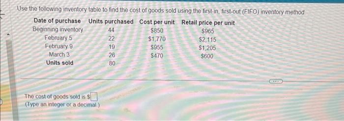 Solved Jse the following inventory table to find the cost of | Chegg.com