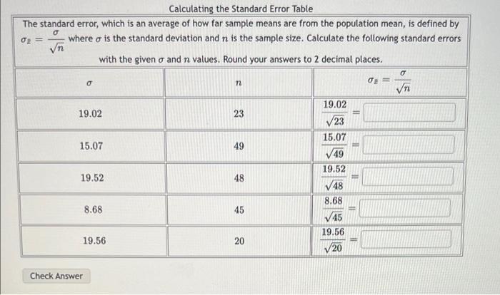 Solved 0 Calculating the Standard Error Table The standard | Chegg.com