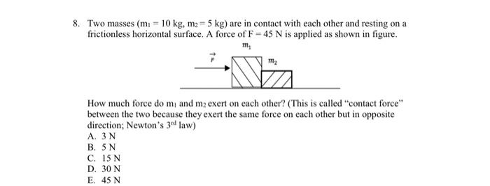 Solved Two masses (m1=10 kg, m2=5 kg) are in contact with | Chegg.com
