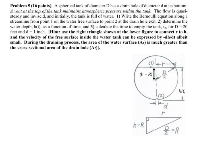 Solved Problem 5 (16 points). A spherical tank of diameter D | Chegg.com