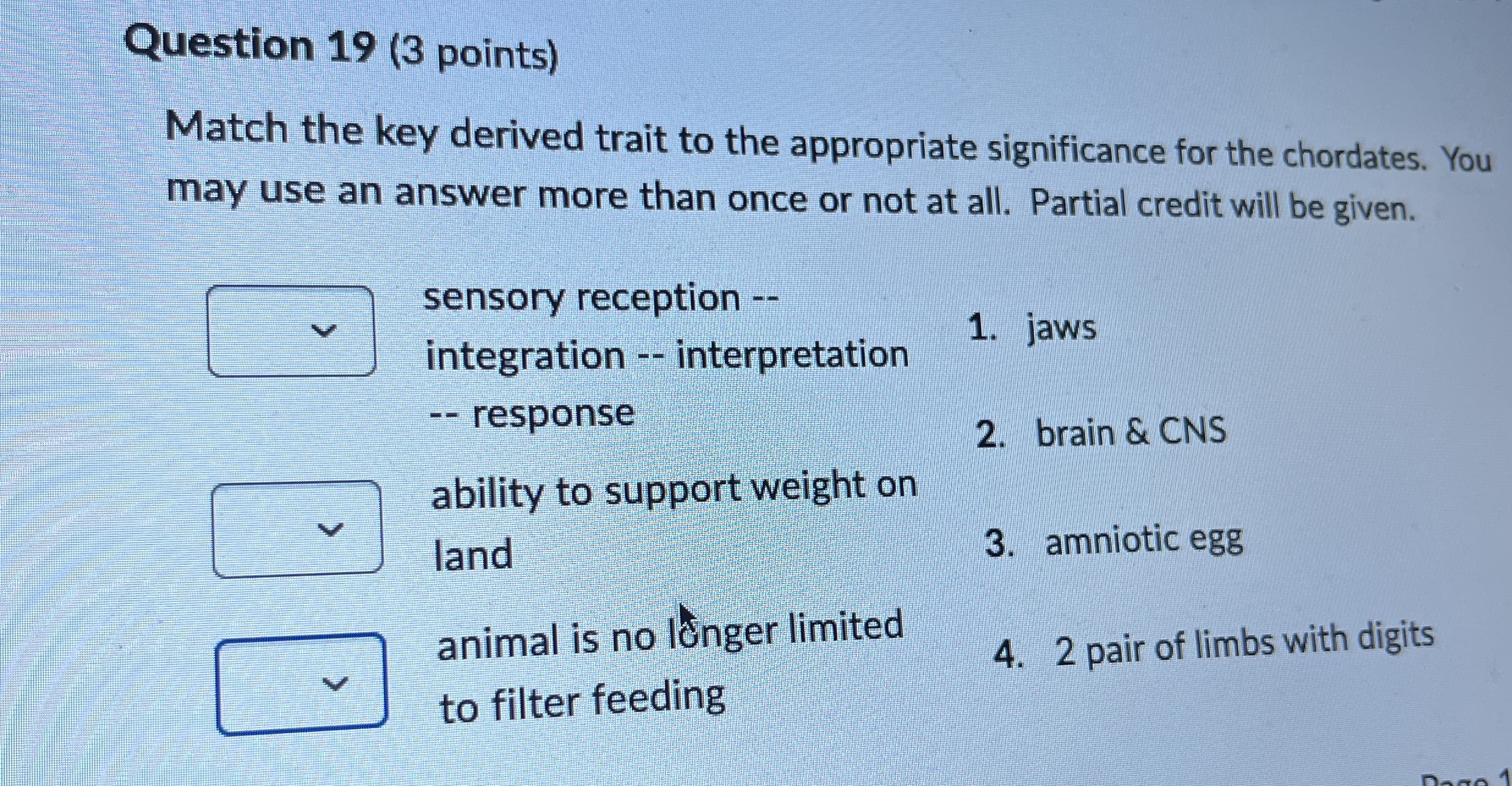 Solved Question 19 (3 ﻿points)Match the key derived trait to | Chegg.com