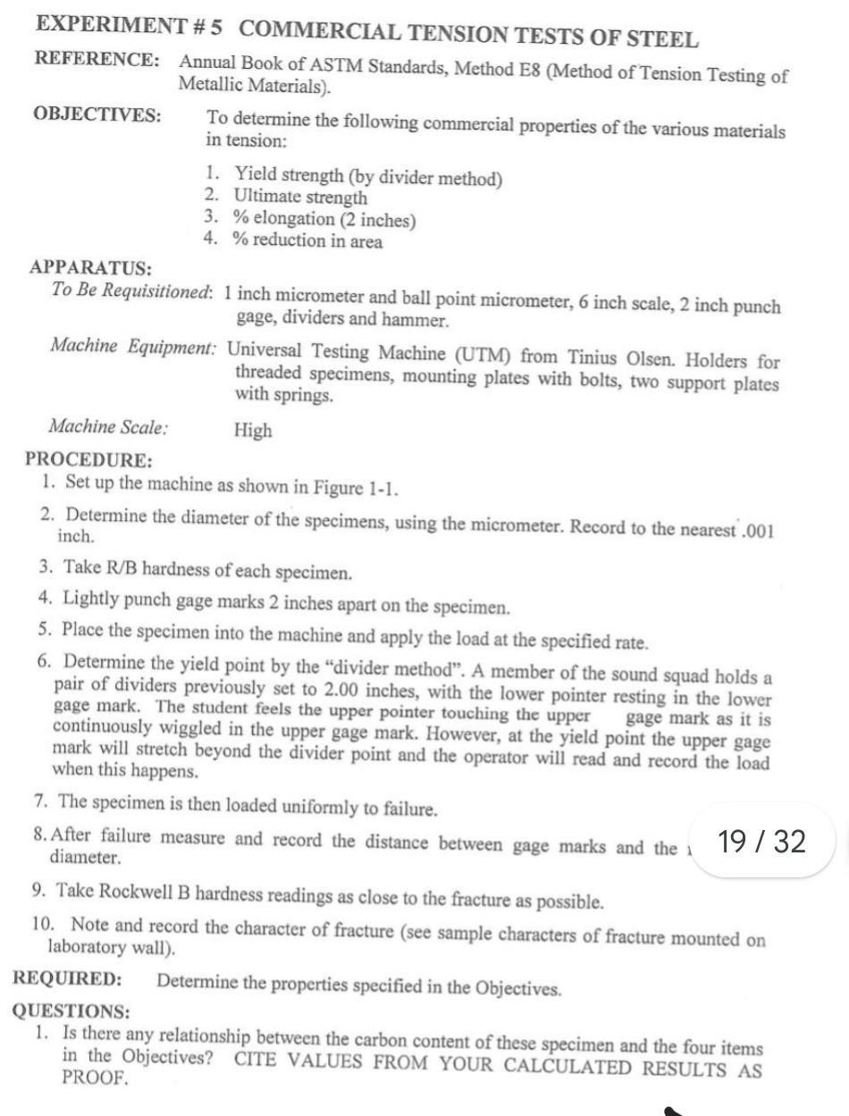 EXPERIMENT \# 5 COMMERCIAL TENSION TESTS OF STEEL | Chegg.com