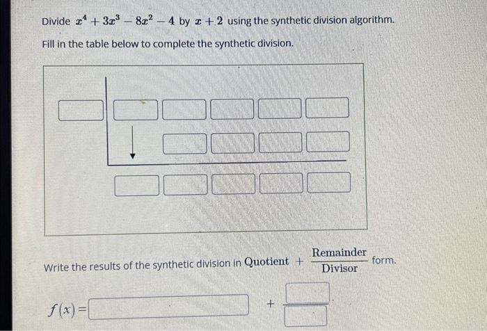Solved Divide x4+3x3−8x2−4 by x+2 using the synthetic | Chegg.com
