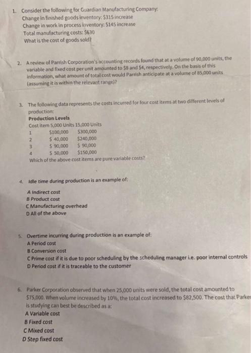 Solved 1. Consider the following for Guardian Manufacturing | Chegg.com