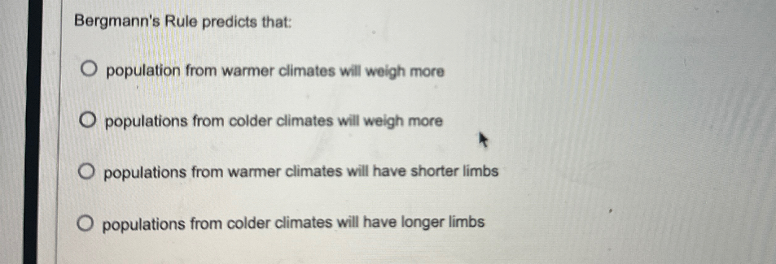 Solved Bergmann's Rule predicts that:population from warmer | Chegg.com