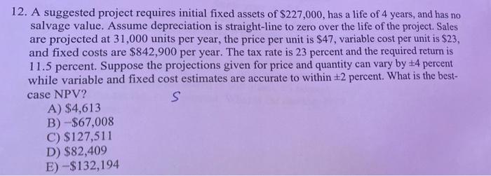 Solved 12. A suggested project requires initial fixed assets | Chegg.com