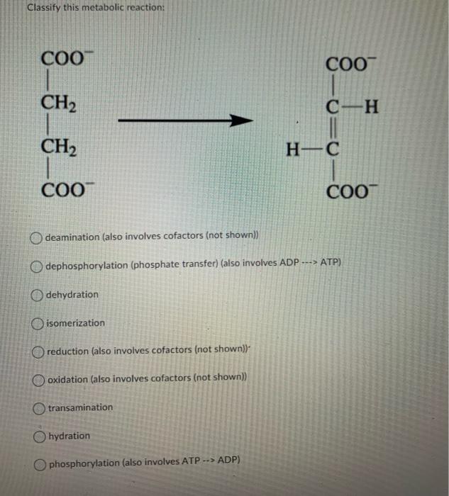 Solved Classify this metabolic reaction: COO C00 CH2 C-H CH2 | Chegg.com
