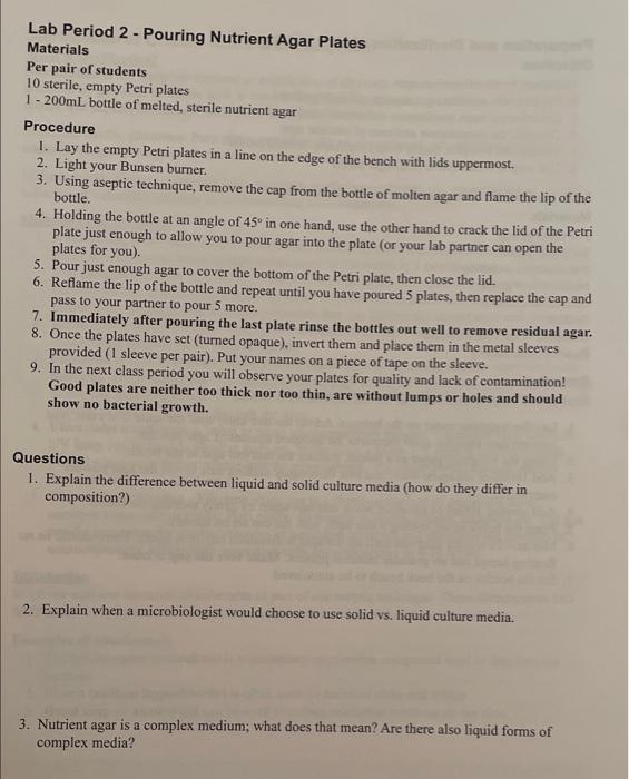 Solved Lab Period 2 - Pouring Nutrient Agar Plates Materials | Chegg.com