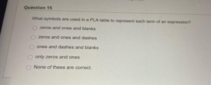Solved Question 15 What symbols are used in a PLA table to | Chegg.com
