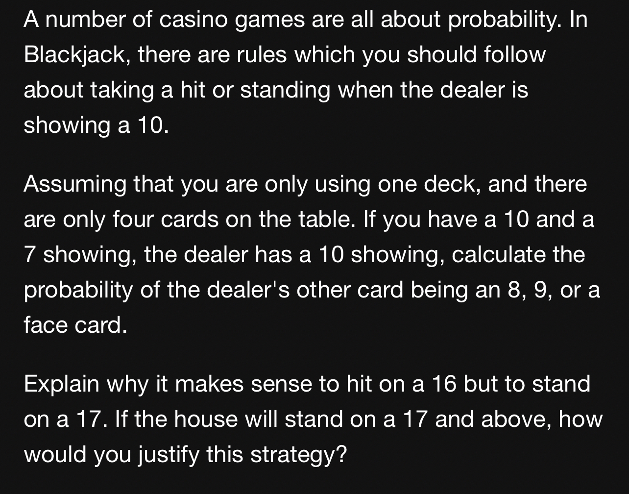 Solved A number of casino games are all about probability. | Chegg.com