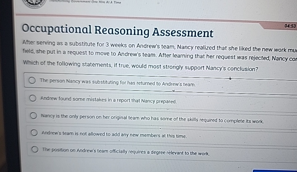Solved Occupational Reasoning Assessment04:53After serving | Chegg.com
