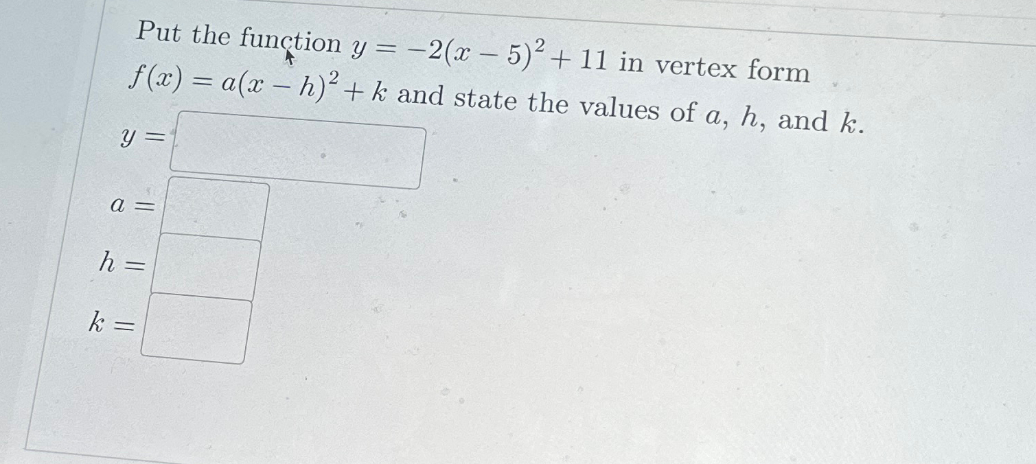 Solved Put the function y=-2(x-5)2+11 ﻿in vertex form | Chegg.com