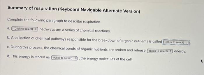 Solved Summary of respiration (Keyboard Navigable Alternate | Chegg.com