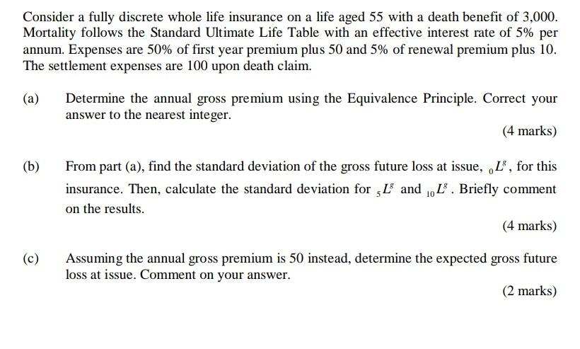 Solved Consider a fully discrete whole life insurance on a | Chegg.com