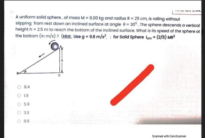 Solved A uniform solid sphere, of mass M = 6.00 kg and | Chegg.com