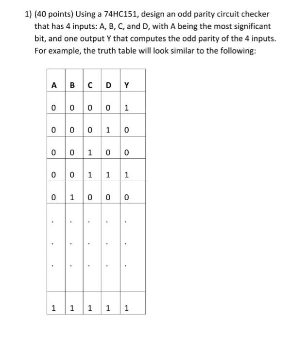 Solved 1) (40 points) Using a 74HC151, design an odd parity | Chegg.com