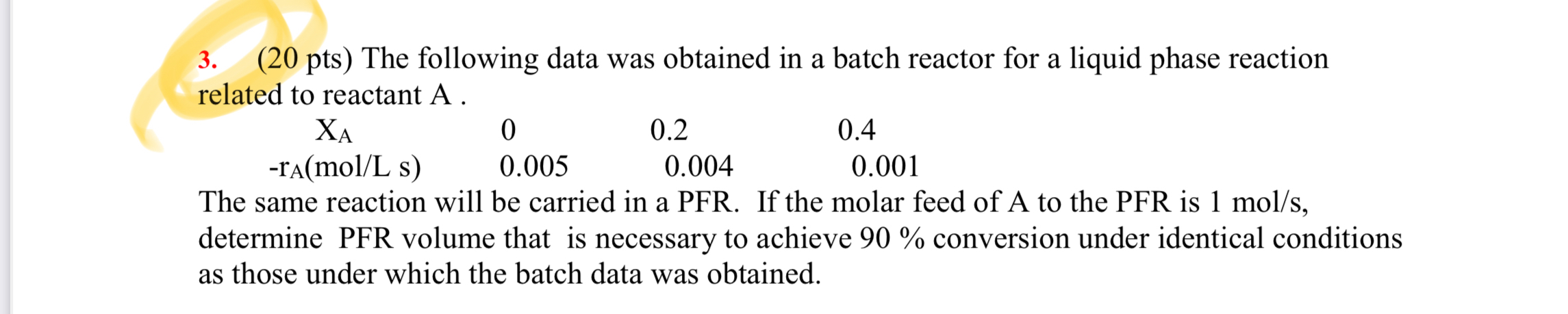 Solved (20 ﻿pts) ﻿The following data was obtained in a batch | Chegg.com