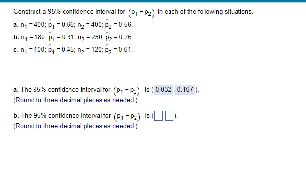 Solved Construct a 95% ﻿confidence interval for (p1-p2) ﻿in | Chegg.com