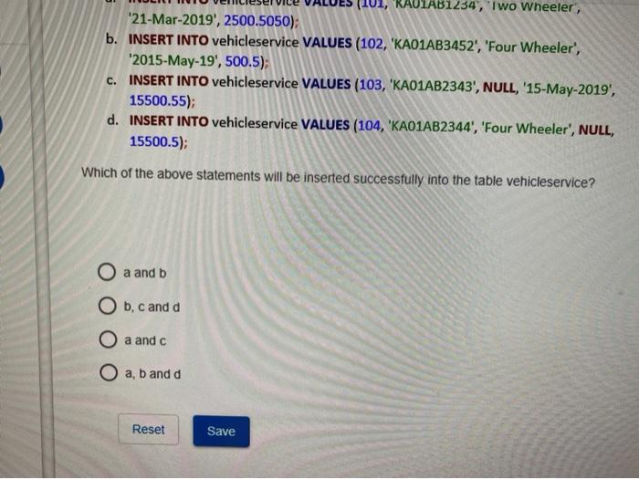Solved Question 4 Consider the DDL and DML statement for the | Chegg.com
