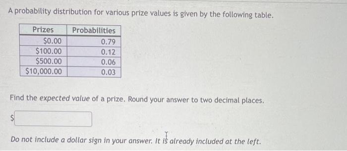 Solved A probability distribution for various prize values | Chegg.com