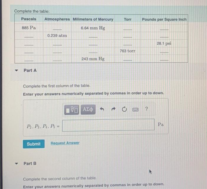 Solved Complete the table: Pascals 885 Pa Part A Atmospheres | Chegg.com