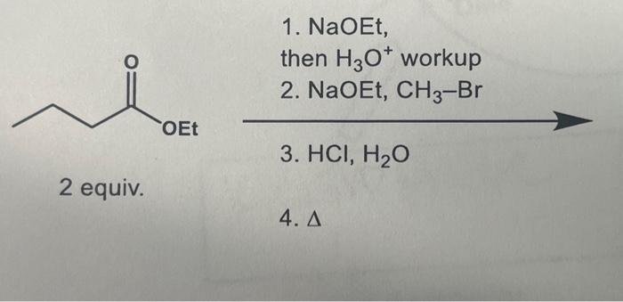 Solved 1. NaOEt, then H3O+workup 2. NaOEt,CH3−Br 3. HCl,H2O | Chegg.com